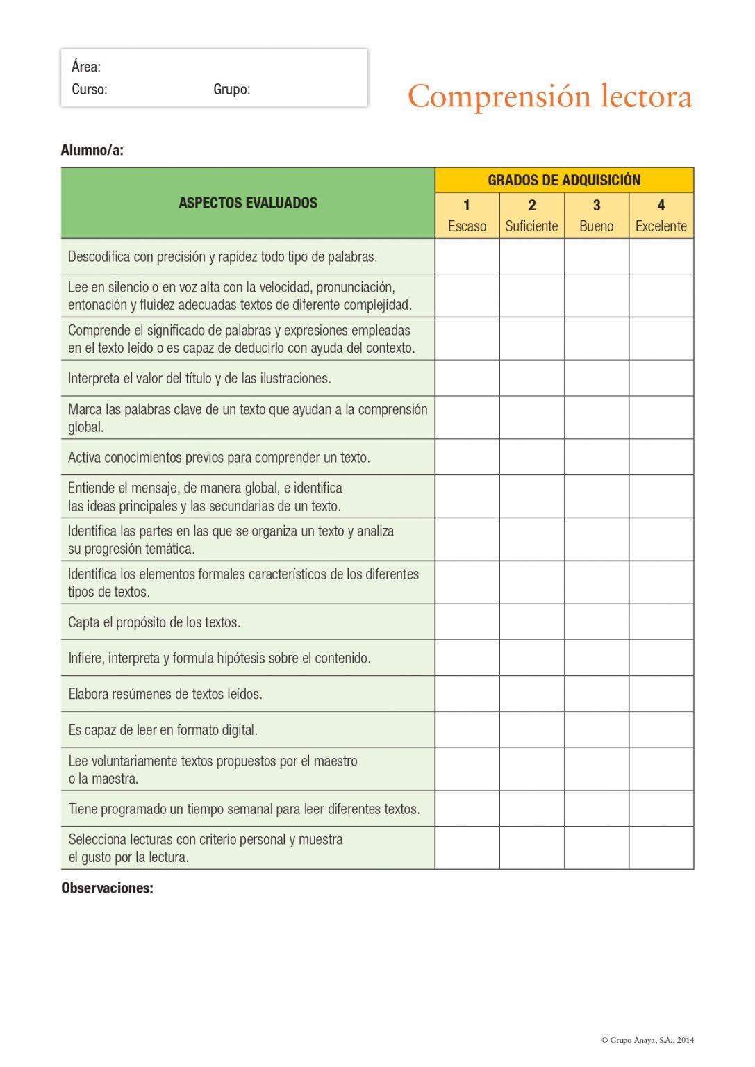 Rubricas Para Evaluar La Comprensión Lectora Por Ciclos Orientacion 9670