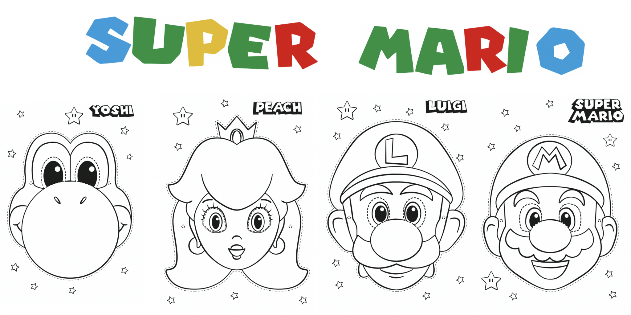 4 MASCARAS DE MARIO LUIGI YOSI Y PEACH COLOREAR Y RECORTAR - Orientacion Andujar