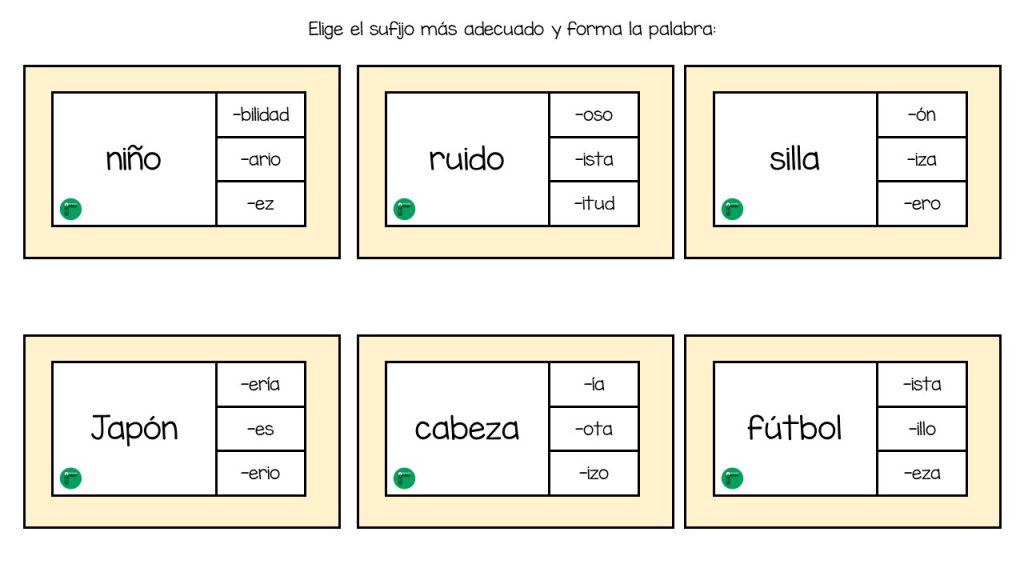Tarjetitas para formar palabras con sufijos - Orientacion Andujar