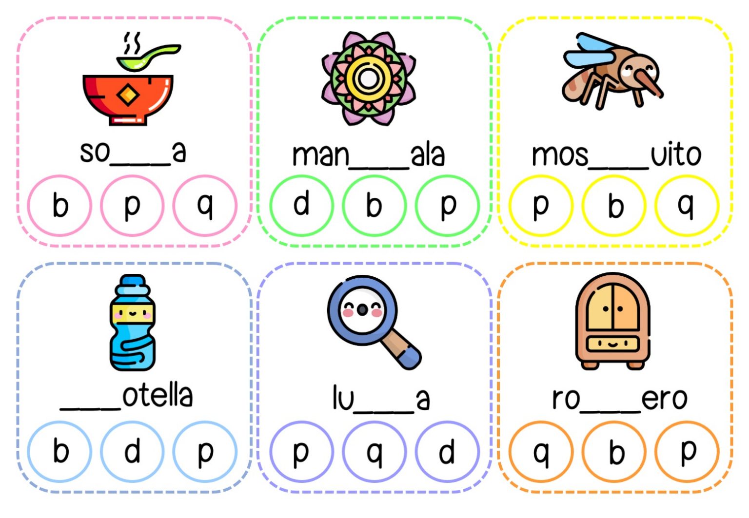 Ejercicio de lectoescritura: Diferenciación fonemas b - d - p - q ...