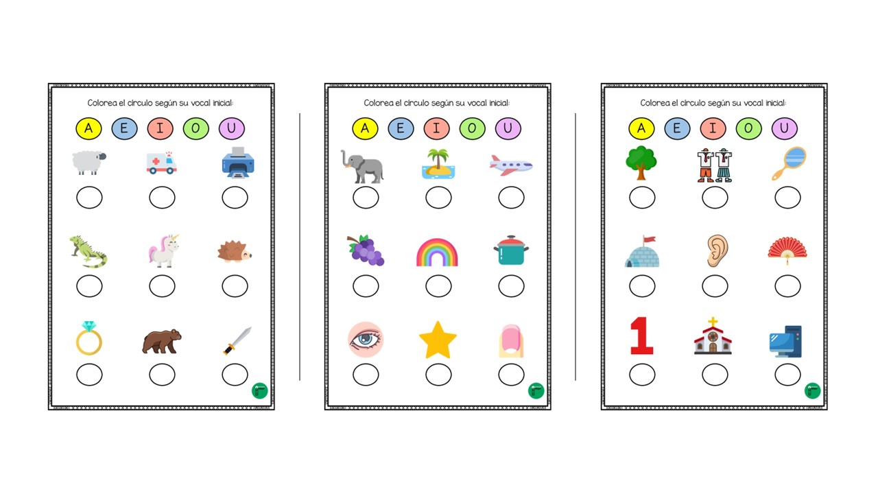 Conciencia fonológica: Colorea la vocal inicial - Orientacion Andujar