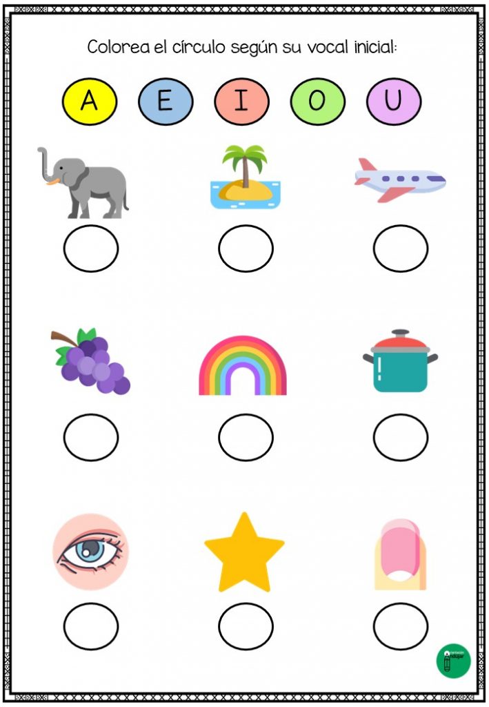 Conciencia fonológica: Colorea la vocal inicial - Orientacion Andujar