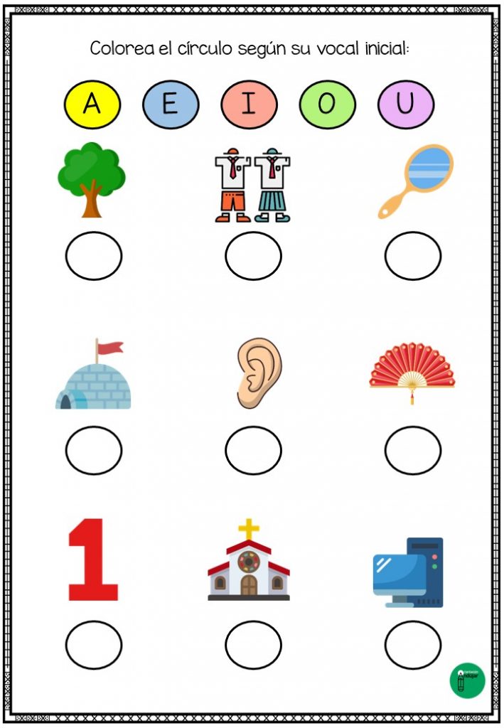 Conciencia fonológica: Colorea la vocal inicial - Orientacion Andujar