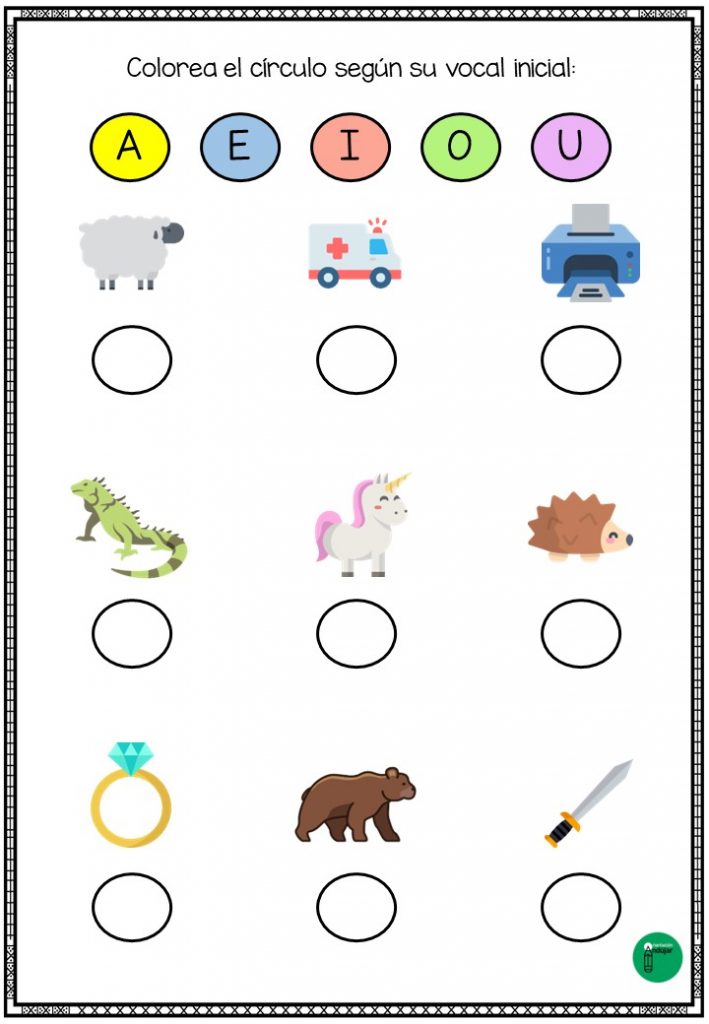 Conciencia fonológica: Colorea la vocal inicial - Orientacion Andujar