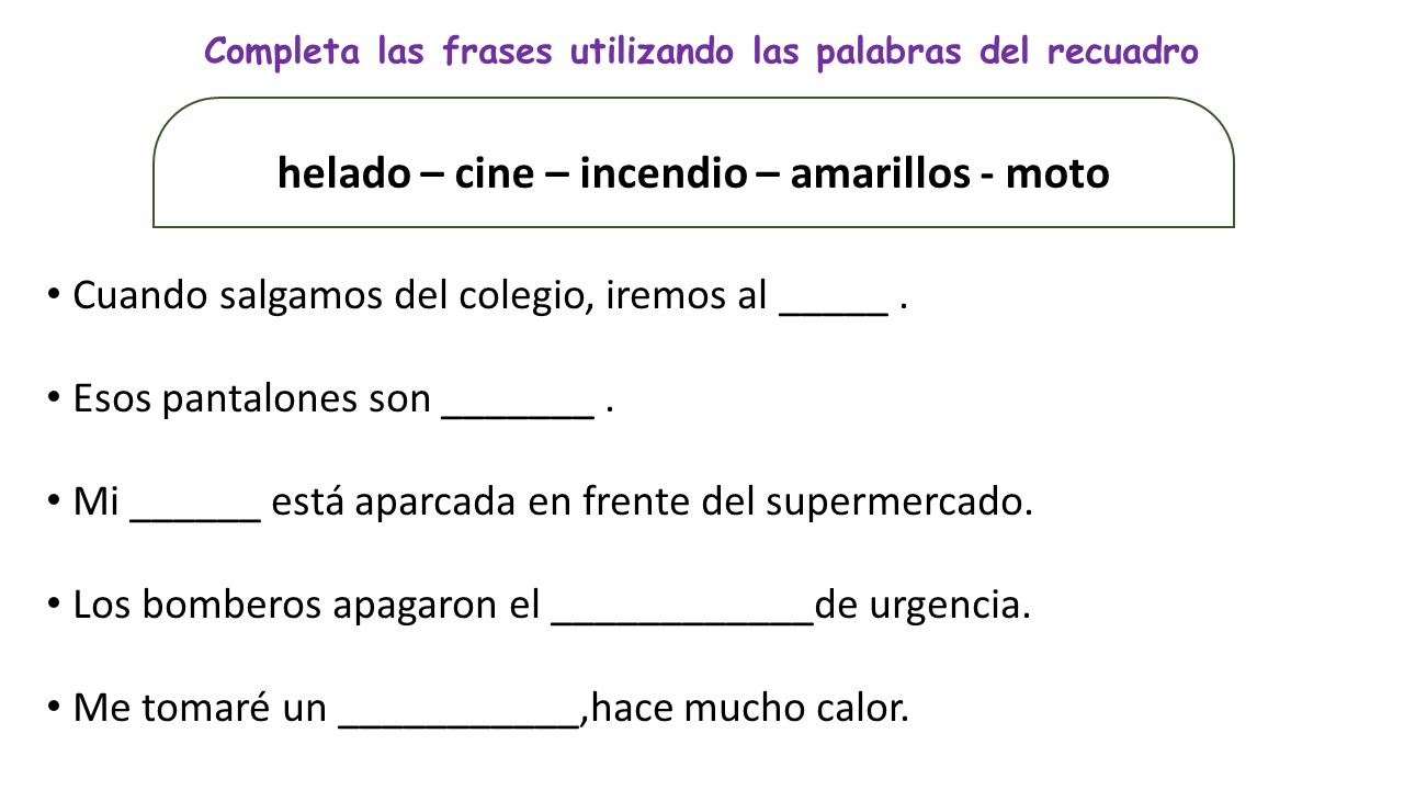Comprensión Lectora vamos a completar palabras en oraciones ...