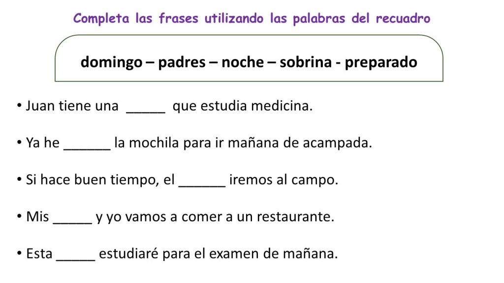 Comprensión Lectora vamos a completar palabras en oraciones (5 ...