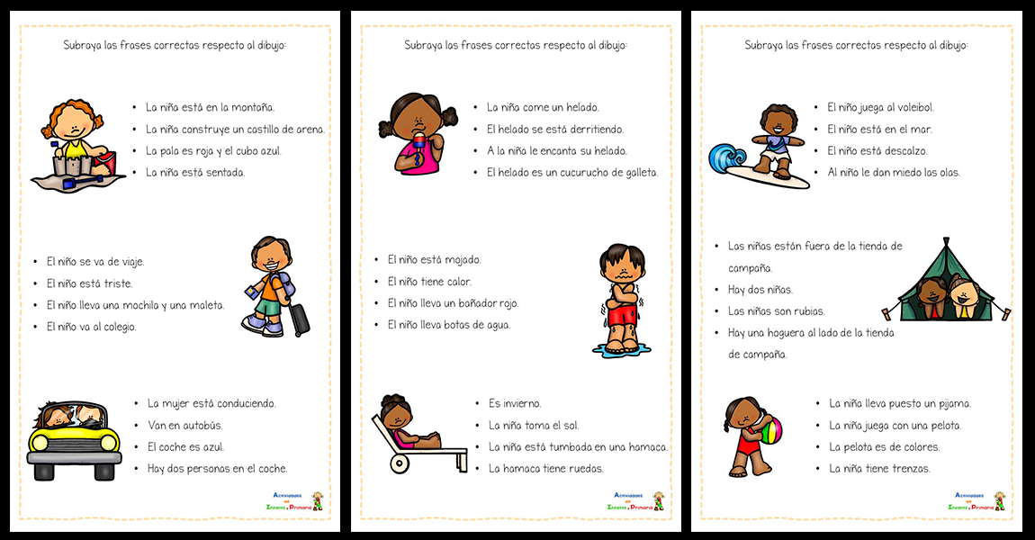 Frases cortas con imágenes de verano para trabajar la comprensión ...