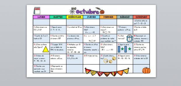 Calendario matemático editable mes de octubre para los más peques de ...