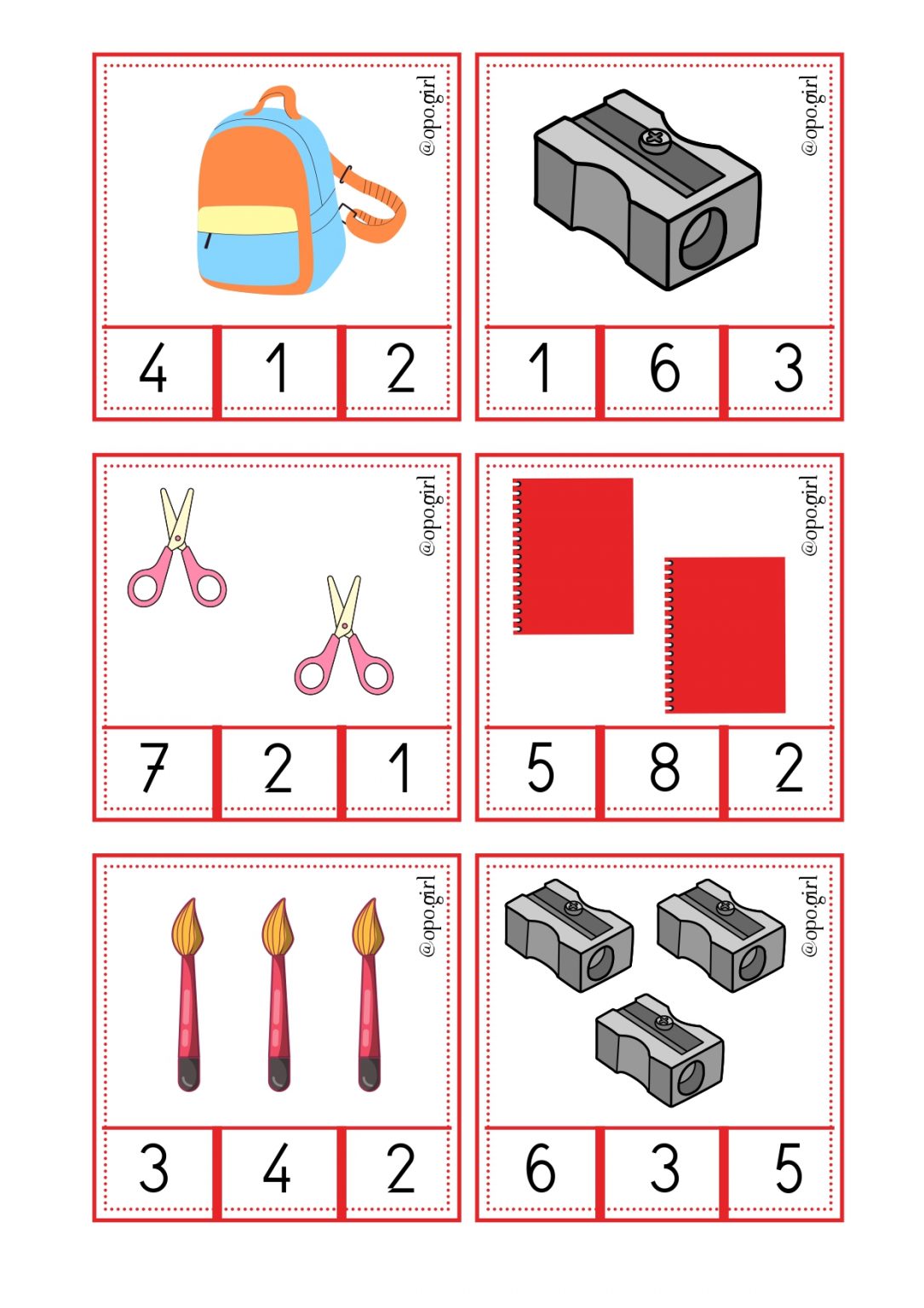 Tarjetas de conteo de material escolar - Orientacion Andujar