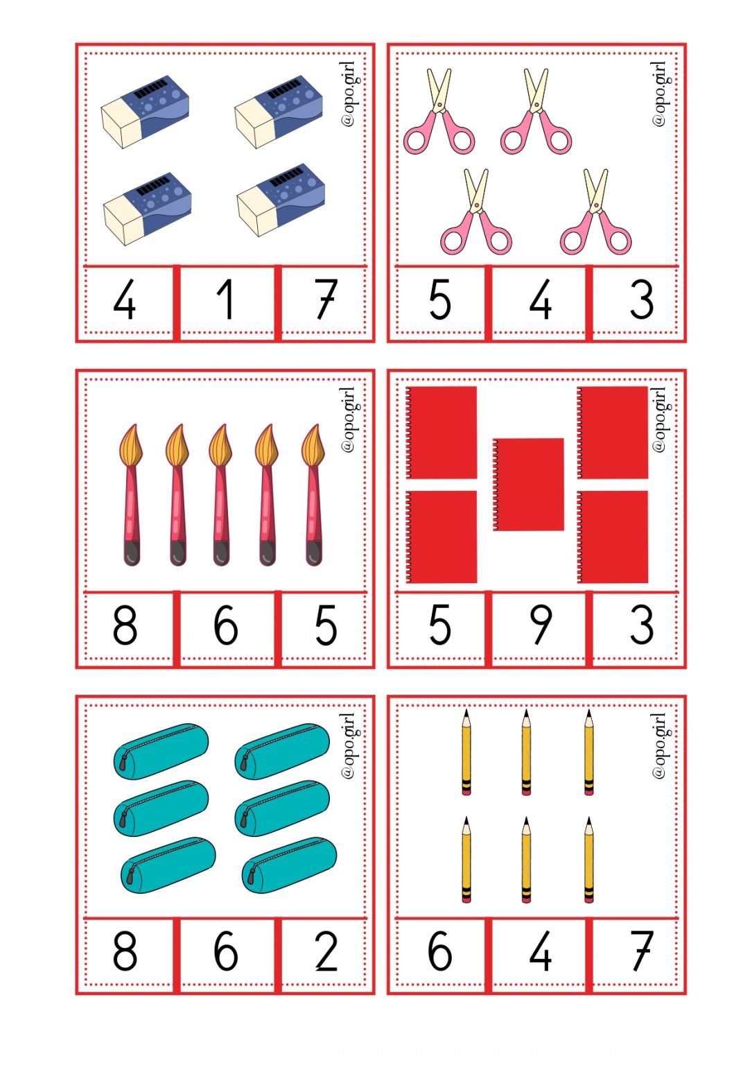 Tarjetas de conteo de material escolar - Orientacion Andujar