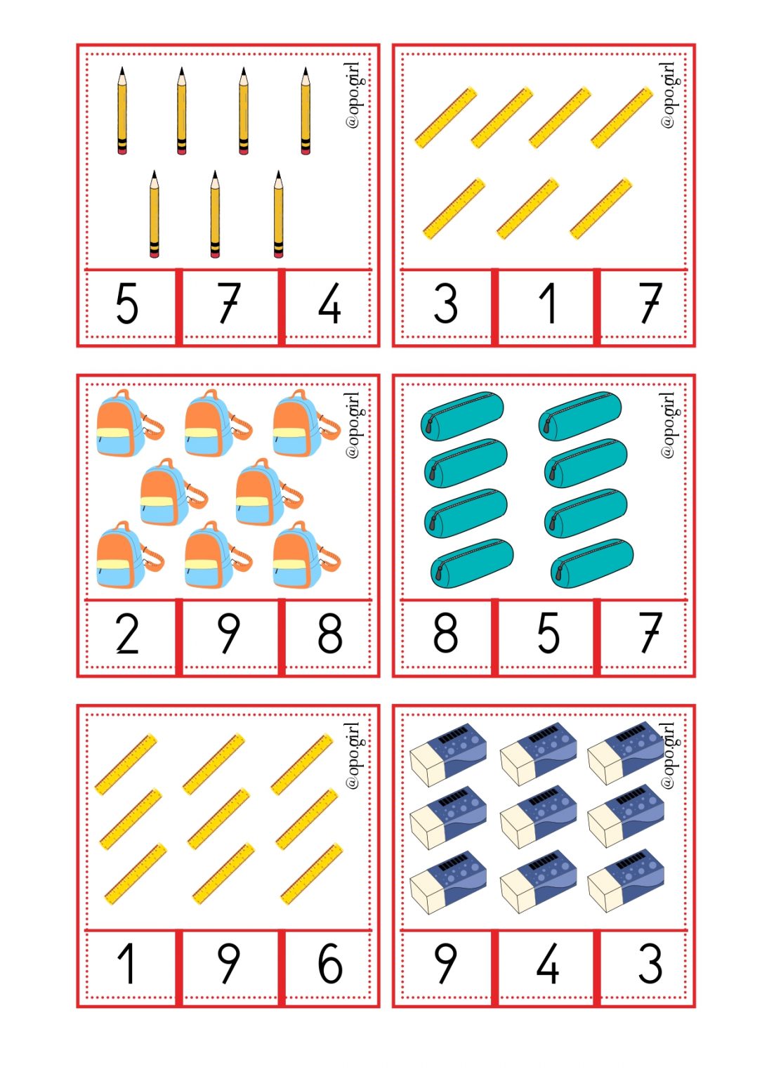 Tarjetas de conteo de material escolar - Orientacion Andujar