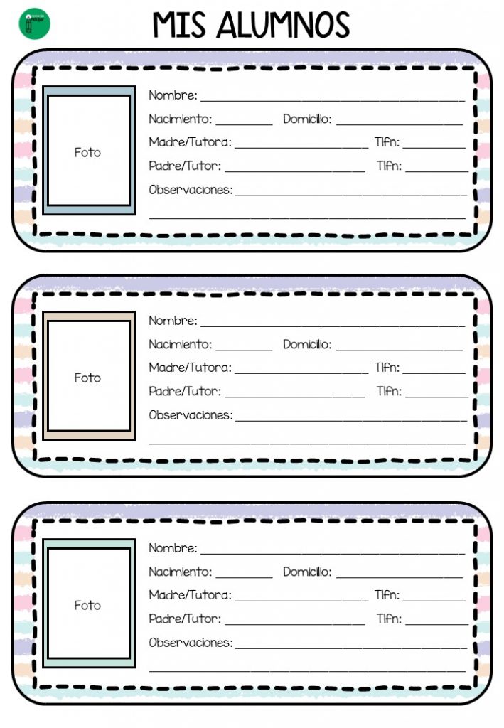 Tarjetario con datos importantes del alumno - Orientacion Andujar