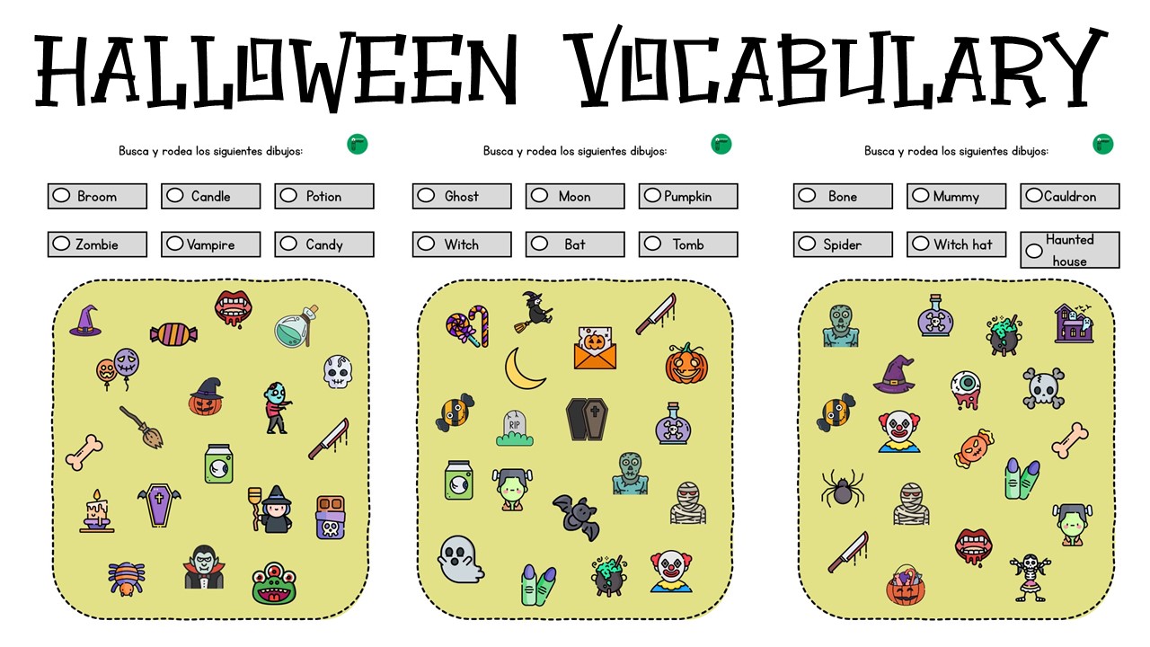 Divertidas fichas para aprender el vocabulario de Halloween en inglés ...