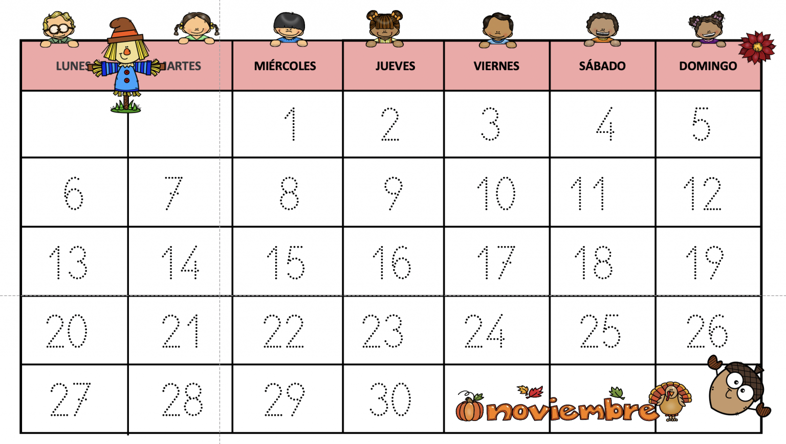 Calendario punteado de NOVIEMBRE 2023 para escritura numérica ...