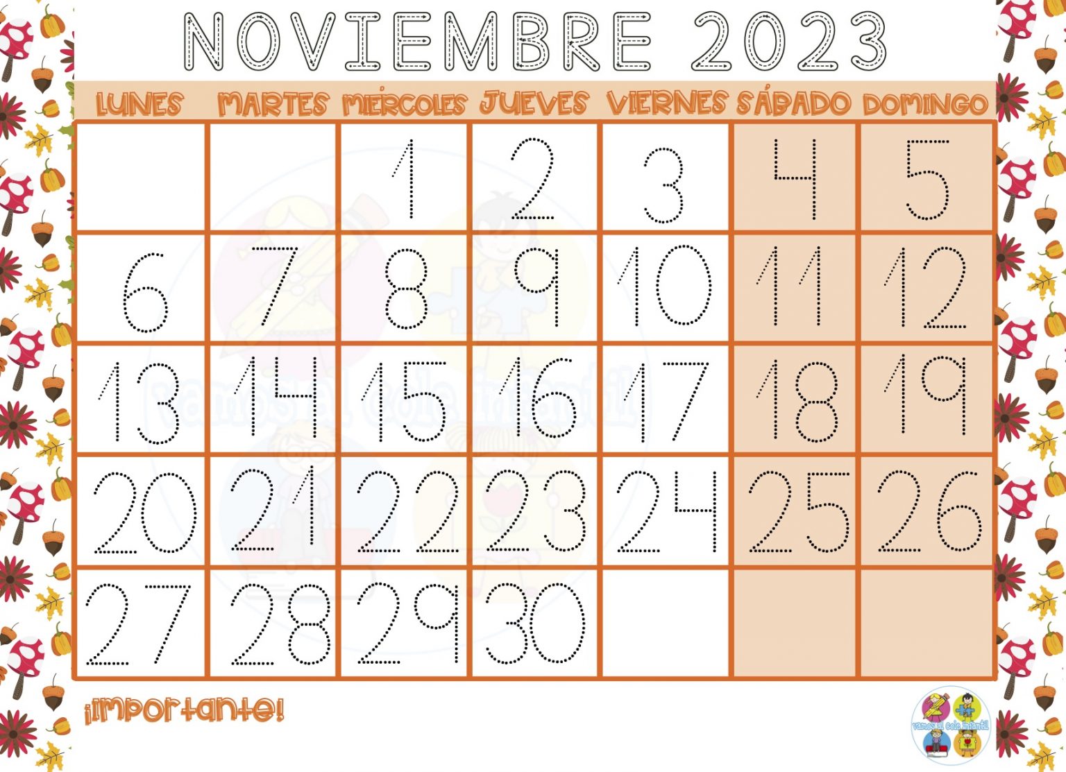 Calendario punteado de NOVIEMBRE 2023 para escritura numérica ...