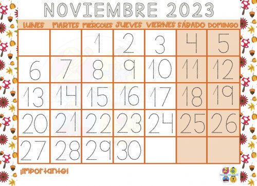 Calendario punteado de NOVIEMBRE 2023 para escritura numérica ...