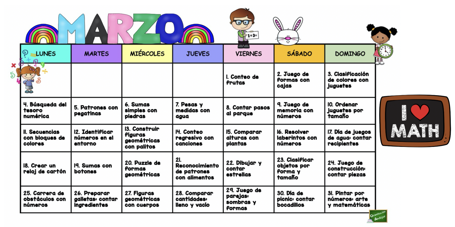 Calendario infantil marzo de actividades MATEMATICAS -Orientacion Andujar