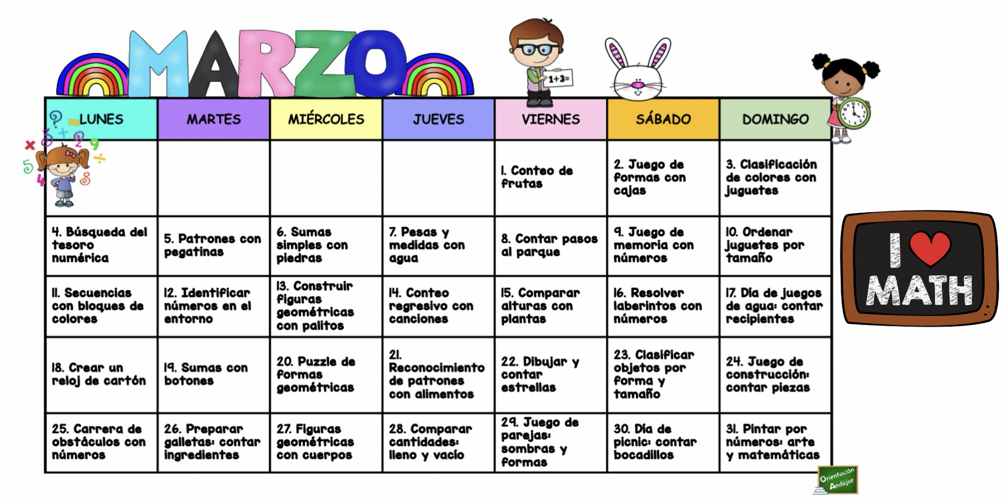 Calendario infantil marzo de actividades MATEMATICAS -Orientacion Andujar