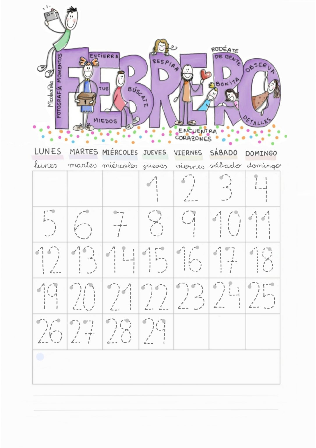 Calendario punteado de FEBRERO 2024 para escritura numérica ...