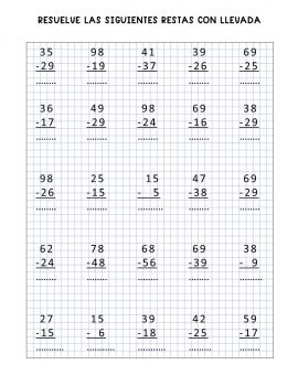 RESTAS DE números de DOS CIFRAS CON LLEVADA + plantilla editable ...