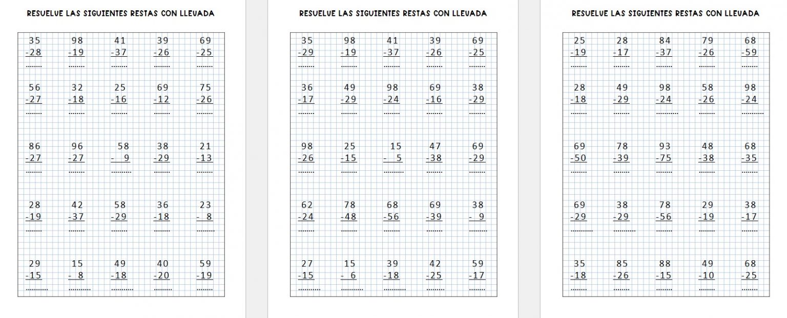 RESTAS DE números de DOS CIFRAS CON LLEVADA + plantilla editable ...