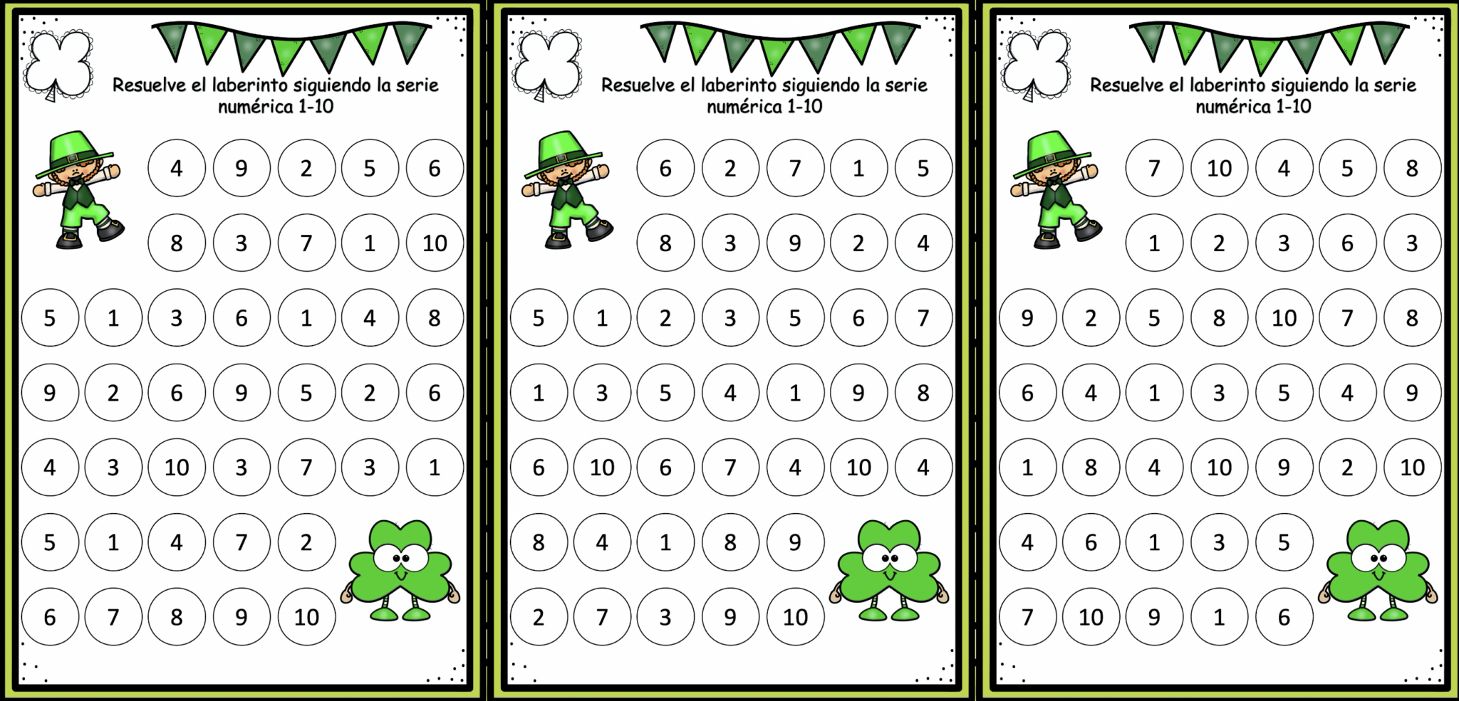 Laberintos numéricos 1-10 especial St Patricks DAY -Orientacion Andujar