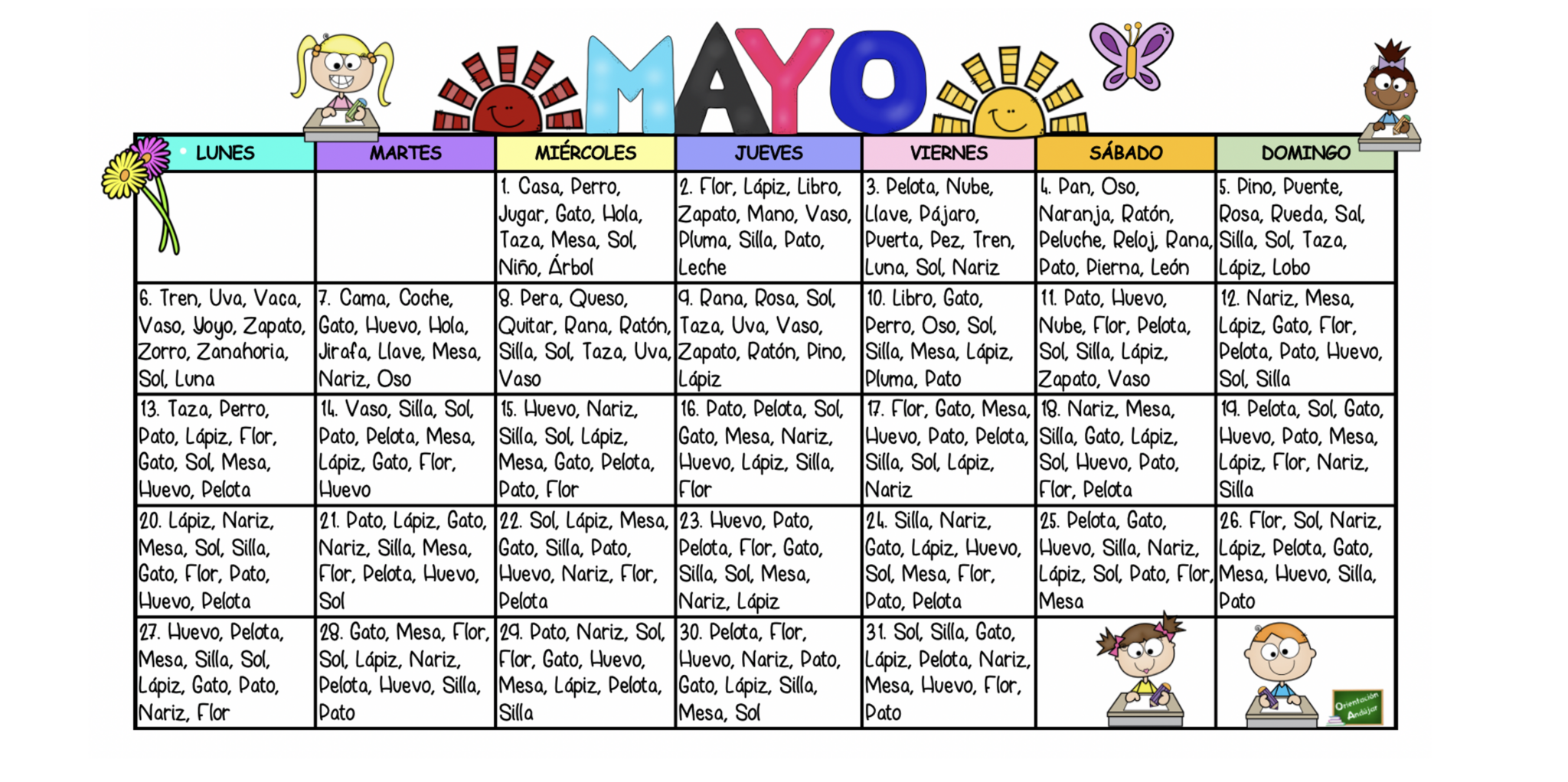 Calendario dictado de palabras infantil mayo 2024 -Orientacion Andujar