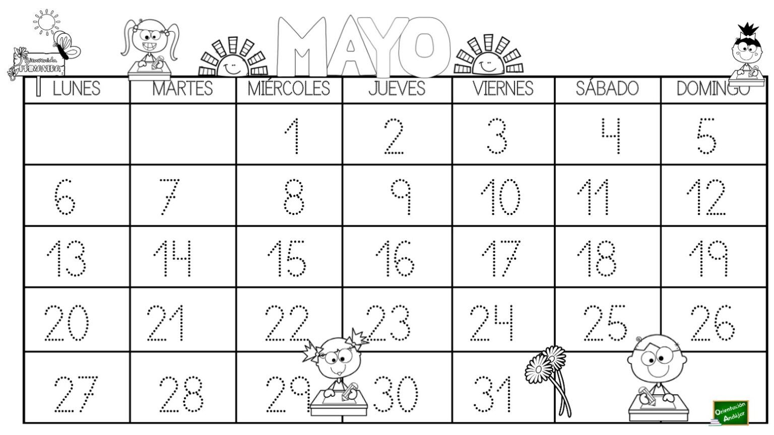 Calendario punteado de MAYO 2024 para escritura numérica -Orientacion ...