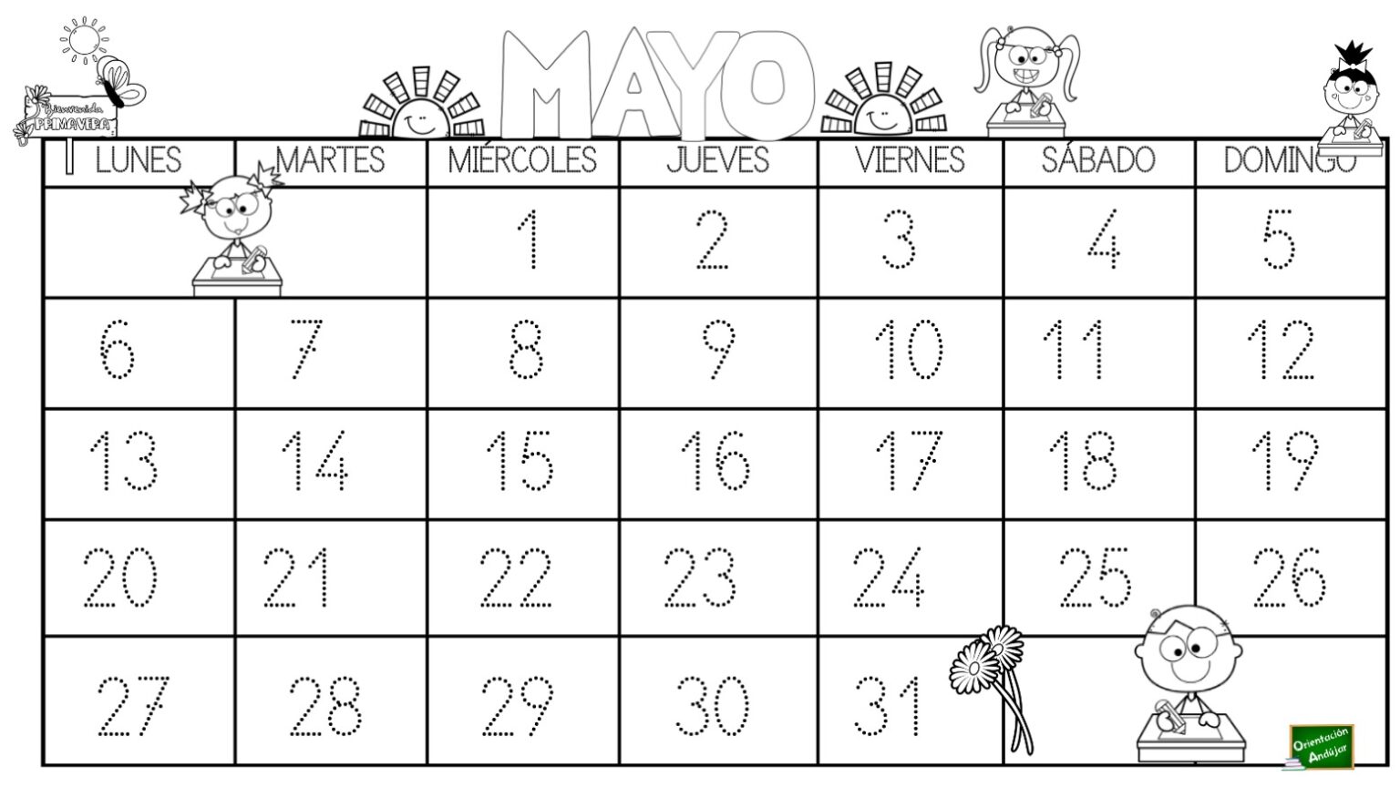 Calendario punteado de MAYO 2024 para escritura numérica -Orientacion ...