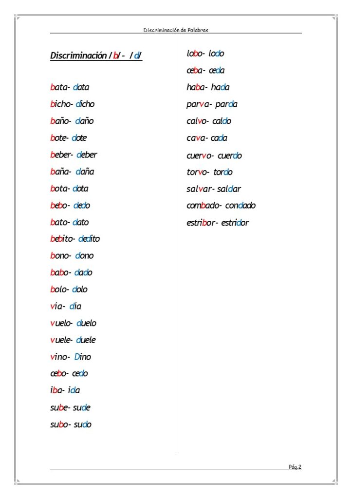 Discriminación auditiva de pares de palabras PARES MÍNIMOS. lista ...