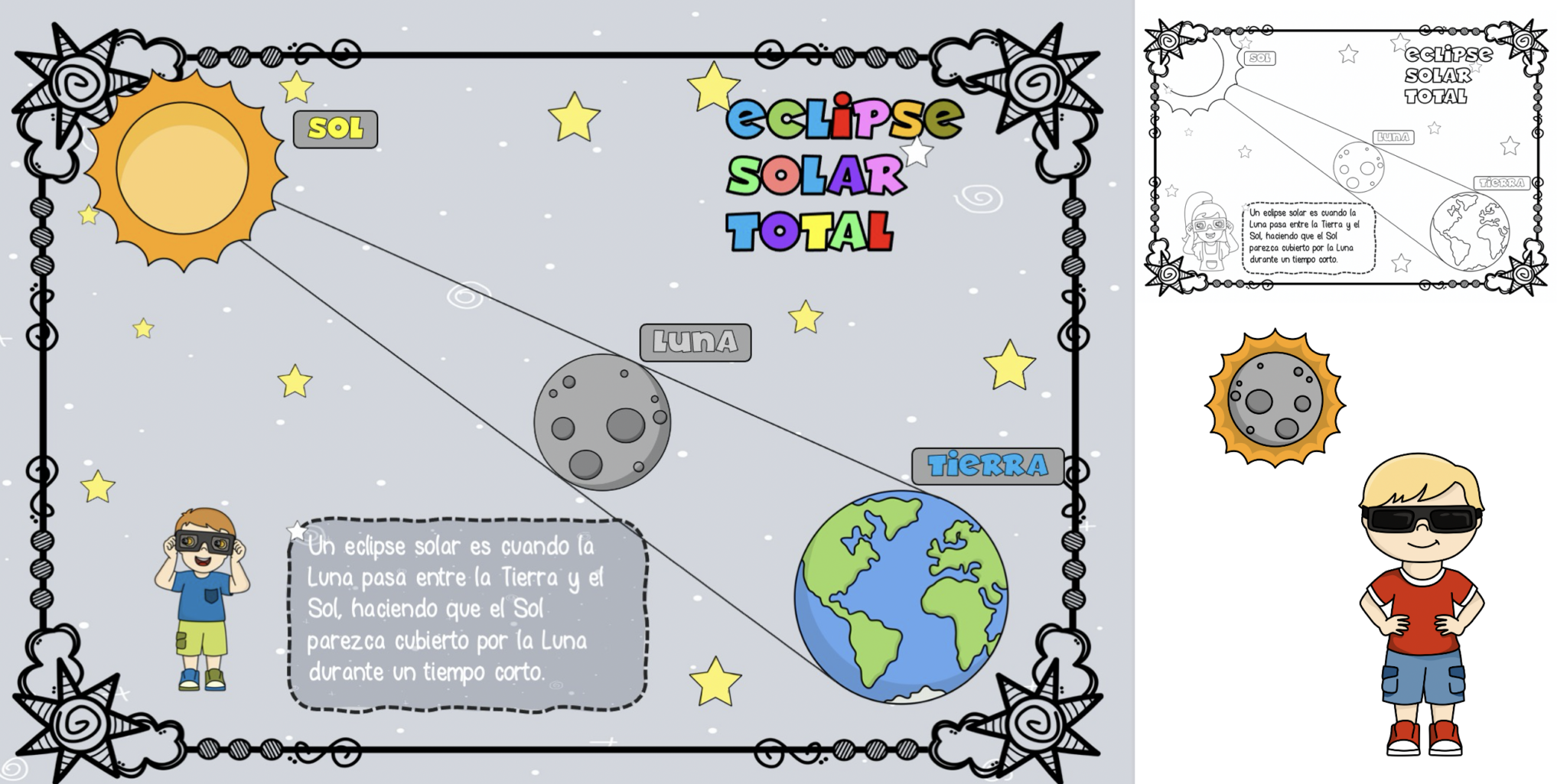 Laminas para colorear y aprender eclipse solar 2024 -Orientacion Andujar