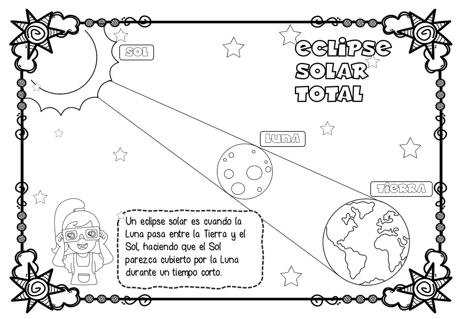 Laminas para colorear y aprender eclipse solar 2024 -Orientacion Andujar