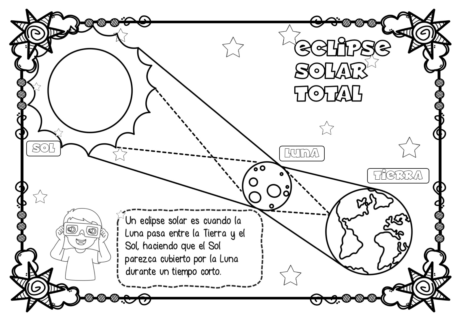 Laminas para colorear y aprender eclipse solar 2024 -Orientacion Andujar