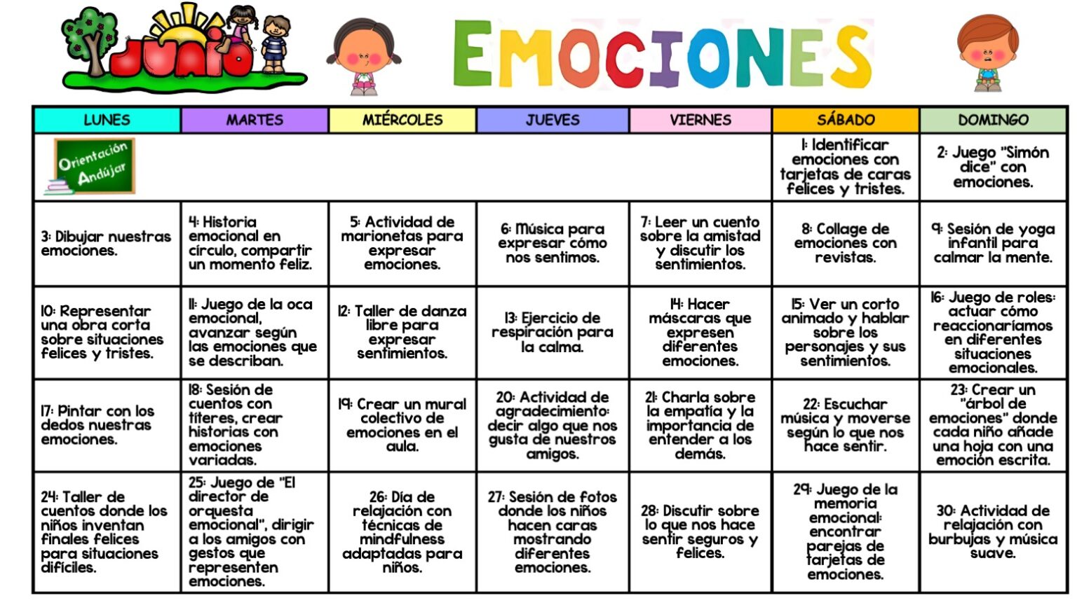 Calendario de actividades emocionales junio 2024 primaria -Orientacion ...