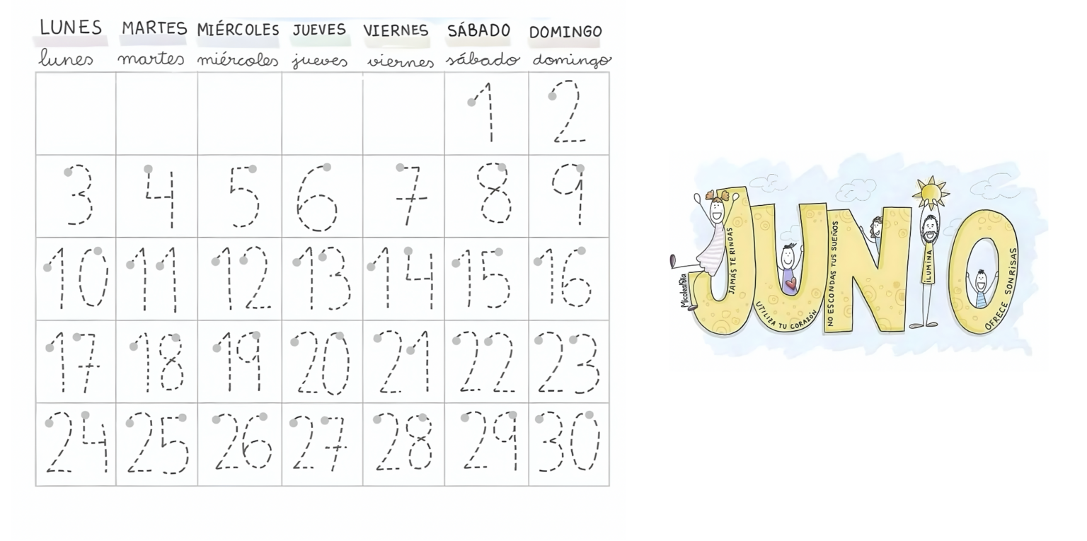 Calendario punteado de JUNIO 2024 para escritura numérica -Orientacion ...