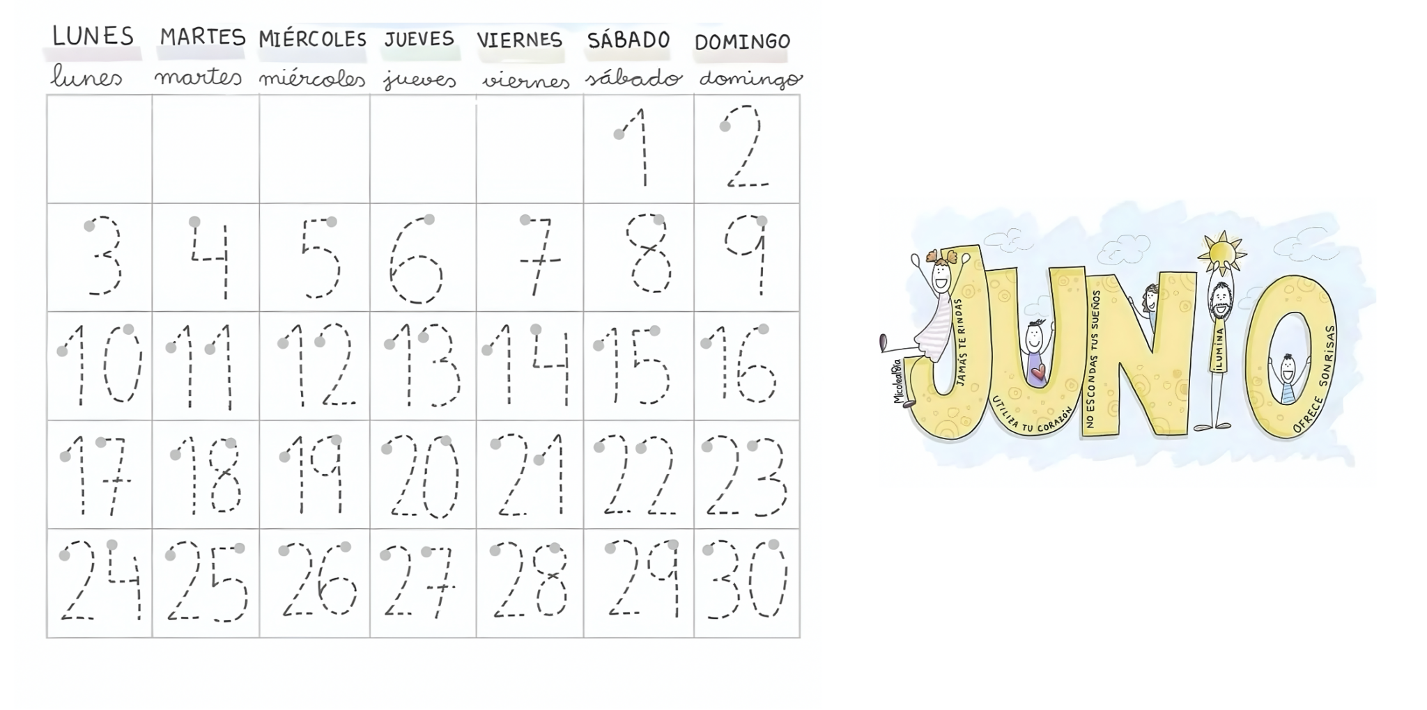 Calendario punteado de JUNIO 2024 para escritura numérica -Orientacion ...
