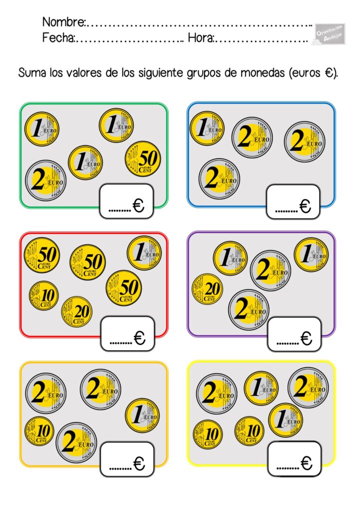 Estimulacion cognitiva ejercicios de suma de monedas euros Nivel ...