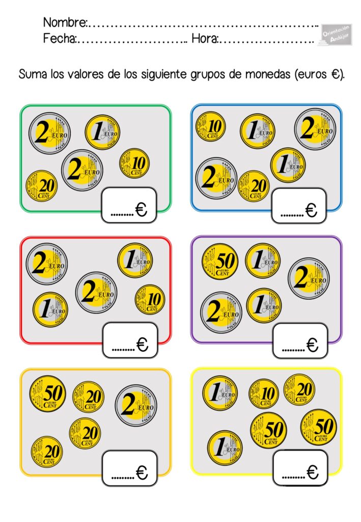 Estimulacion cognitiva ejercicios de suma de monedas euros Nivel ...