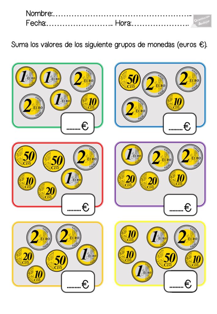 Estimulacion cognitiva ejercicios de suma de monedas euros Nivel ...