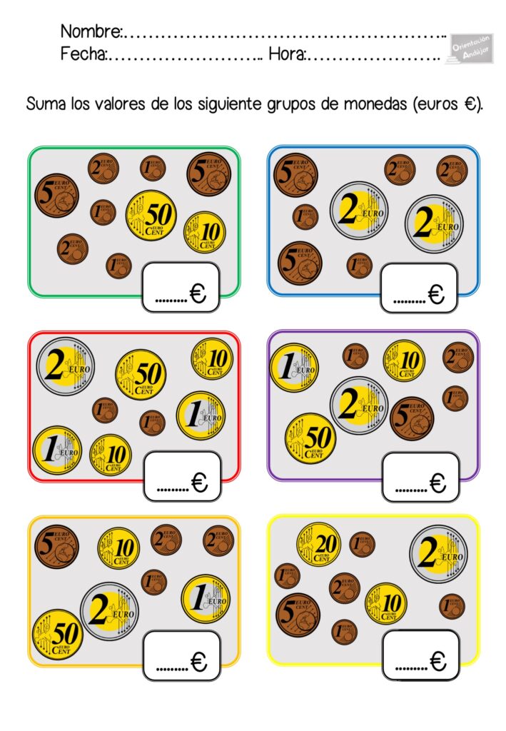 Estimulacion cognitiva ejercicios de suma de monedas euros Nivel ...