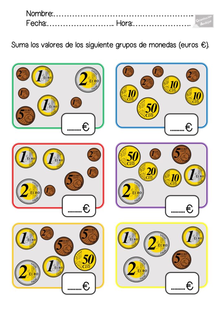 Estimulacion cognitiva ejercicios de suma de monedas euros Nivel ...