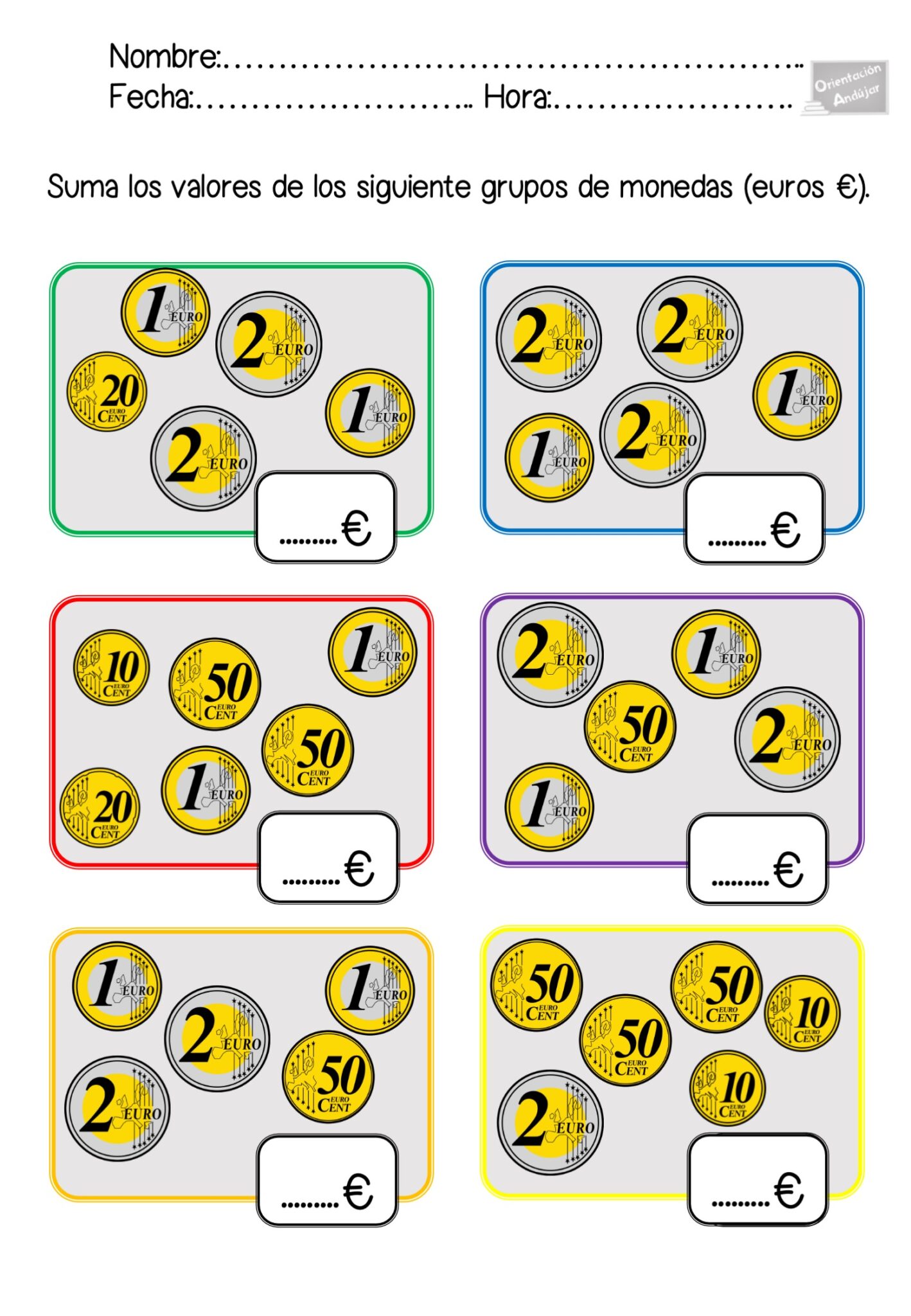 Estimulacion cognitiva ejercicios de suma de monedas euros Nivel ...