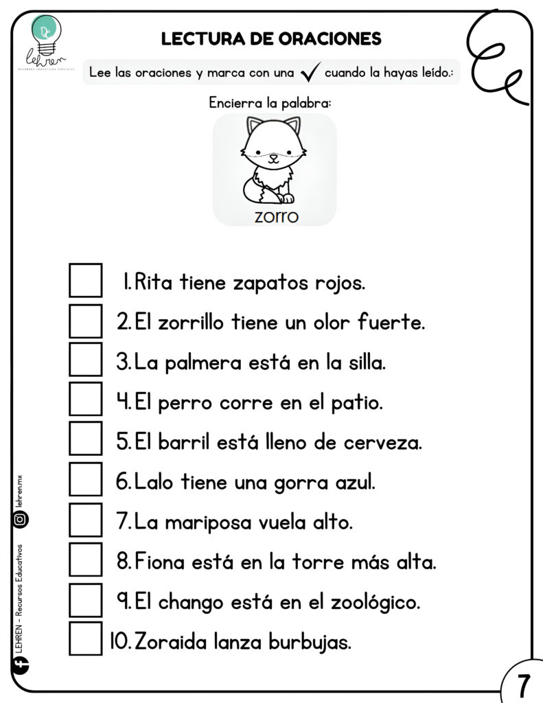 Lectura de oraciones sencillas para alumnos de Infantil -Orientacion Andujar