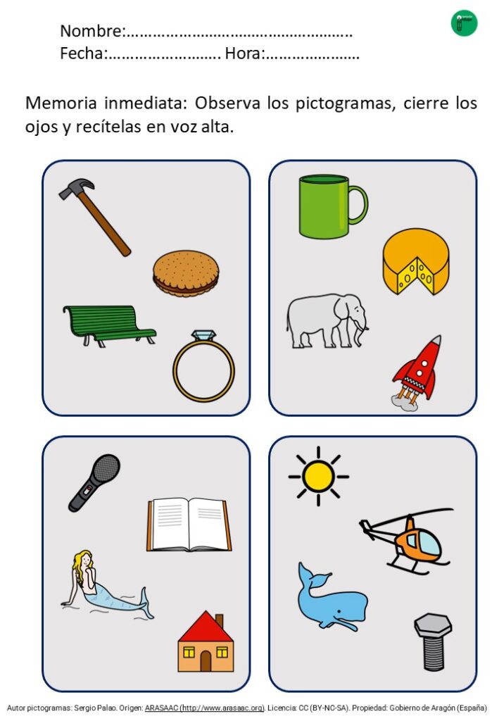 Ejercicio de memoria inmediata para adultos y niños con pictogramas -Orientacion Andujar