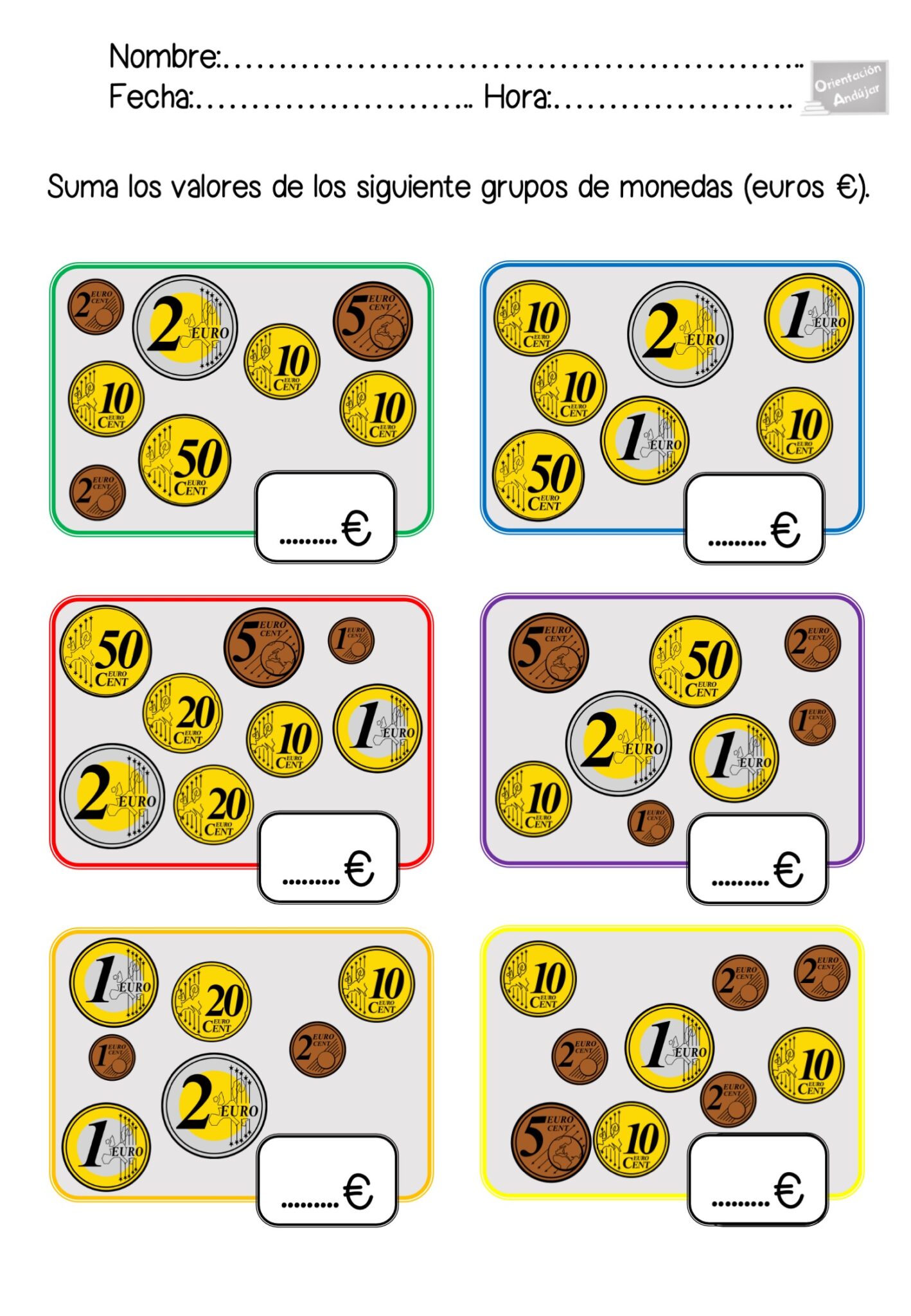 Estimulacion cognitiva ejercicios de suma de monedas euros Nivel ...