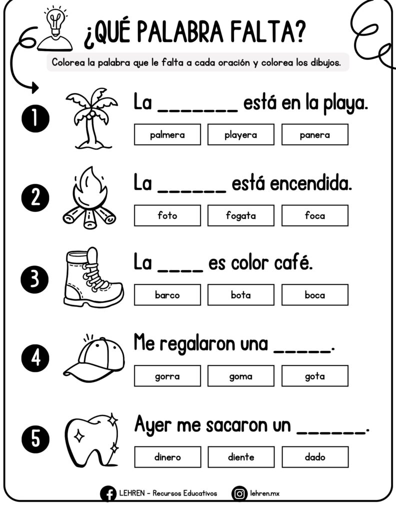 lectoescritura encuentra la palabra que falta en la oración ...