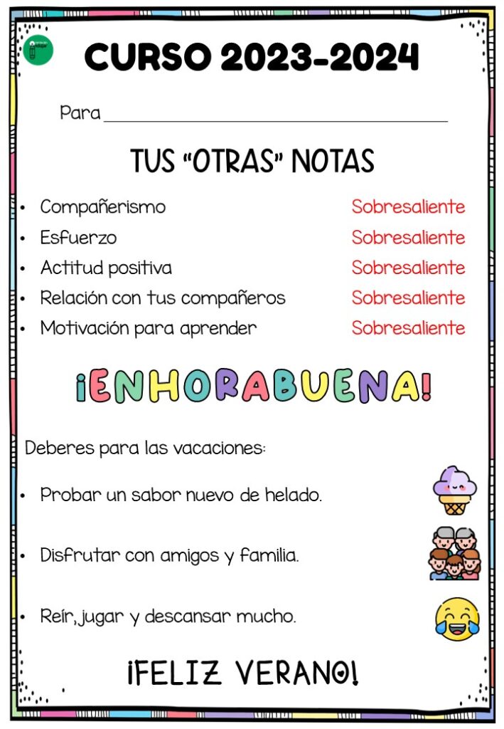 "Las otras notas" para entregar a tus alumnos a final de curso ...