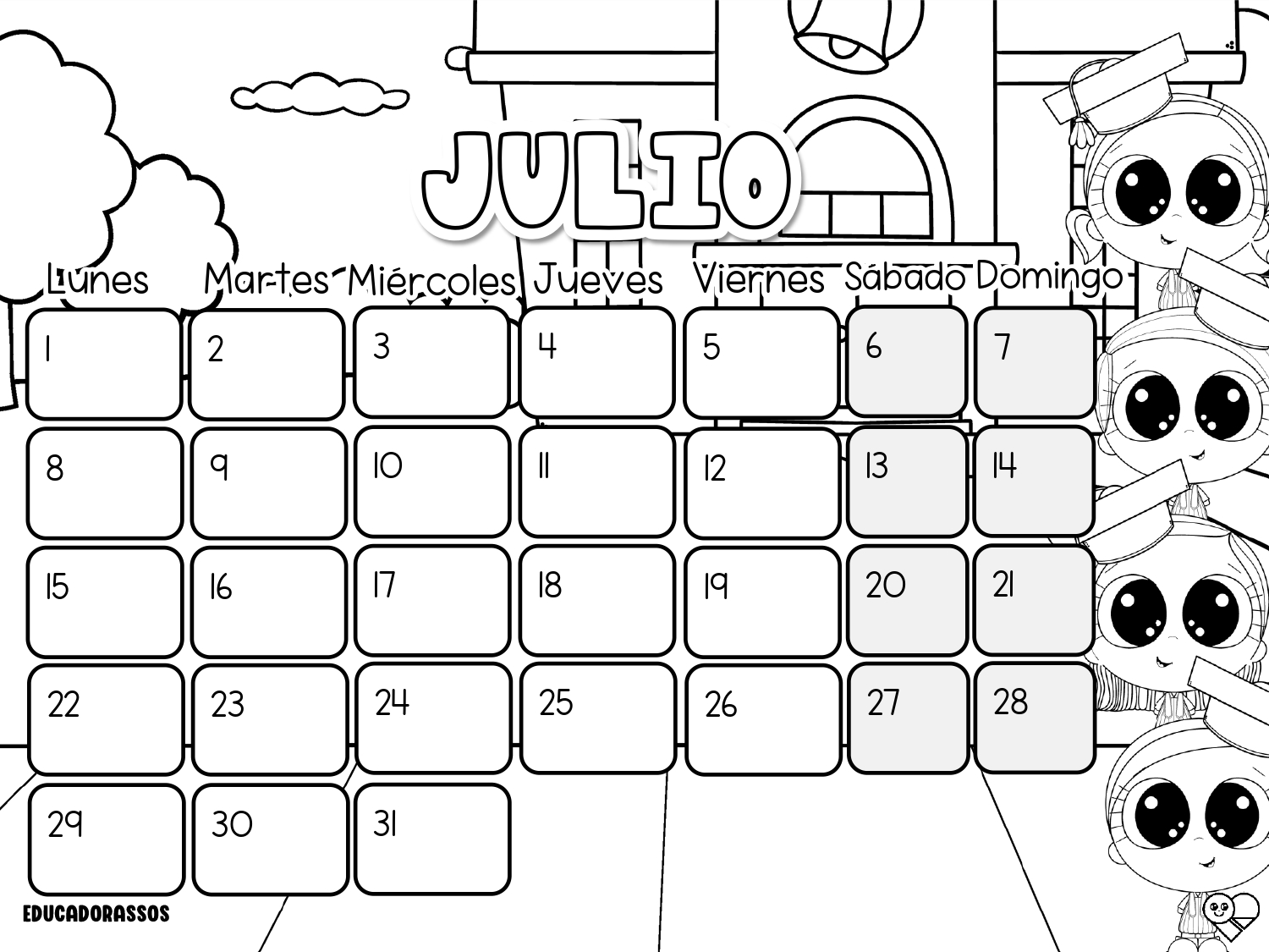 Bonito calendario mes de julio color y ByN -Orientacion Andujar