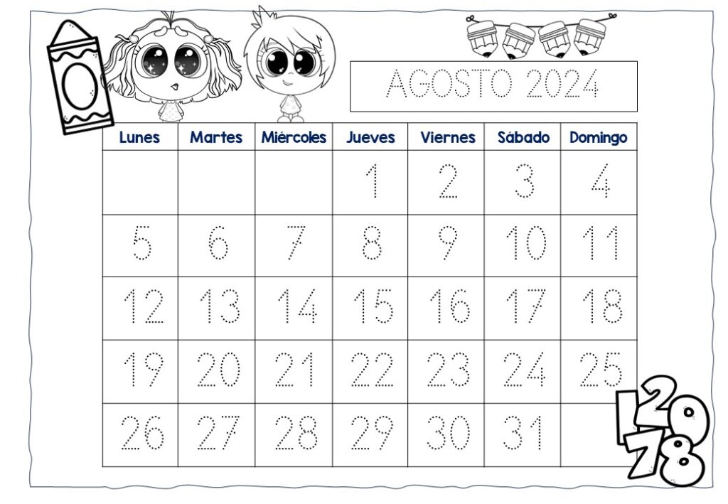 Calendario punteado de AGOSTO 2024 para escritura numérica -Orientacion ...