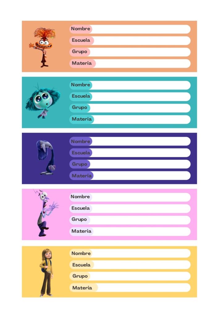 Etiquetas para libros y cuadernos Intensamente -Orientacion Andujar